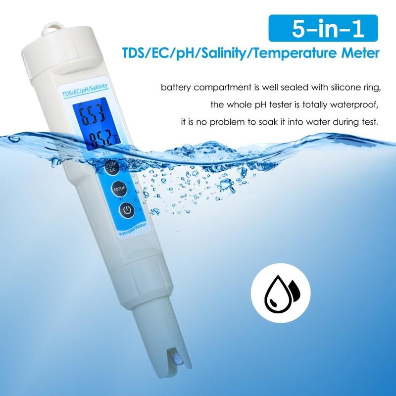 5-in-1 pH Meter Lightweight Durable Waterproof Multi-functional TDS / EC / pH / Salinity ...