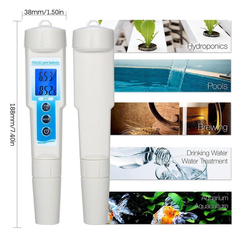 5-in-1 pH Meter Lightweight Durable Waterproof Multi-functional TDS / EC / pH / Salinity ...