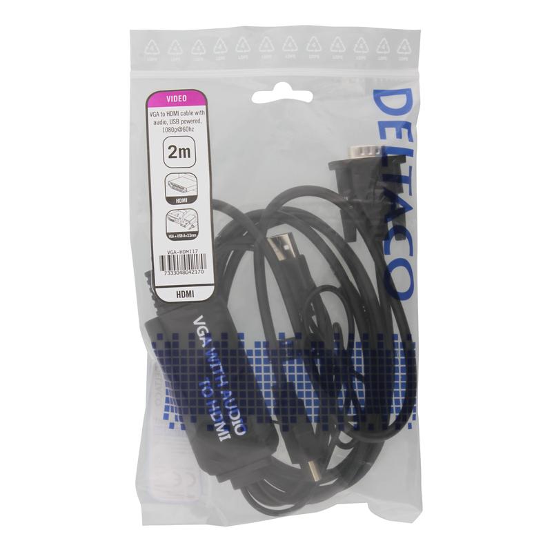 Deltaco VGA to HDMI Adapter Cable with Audio - 2m - Black