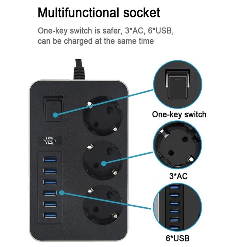 EU Plug 3000W High Power Strip 2m Extension Cable 3 AC Outlets with 6 ...
