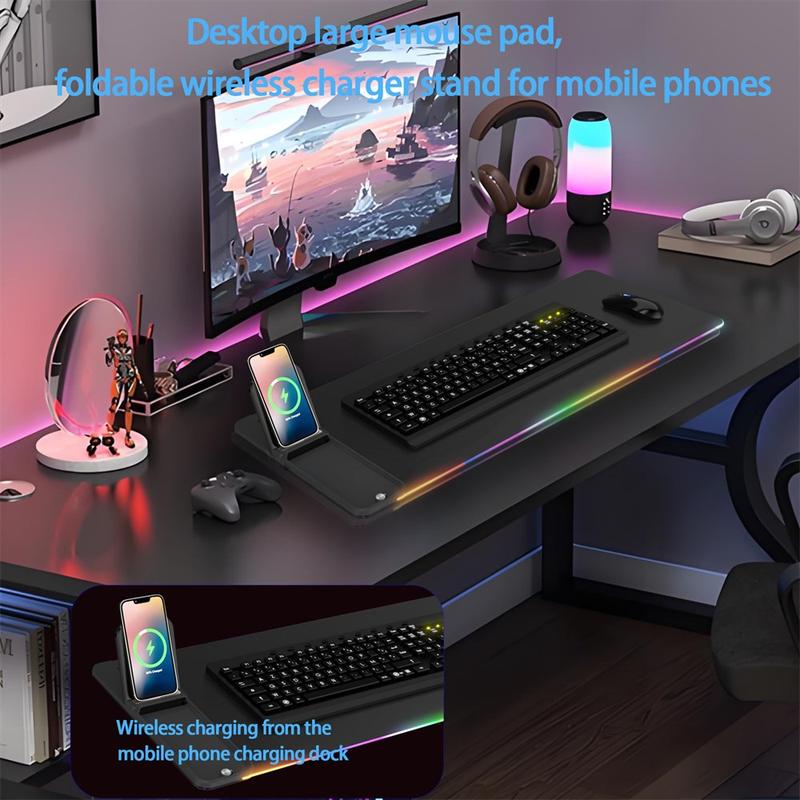 H18 RGB Desk Mat with 15W Wireless Charger & Fold-Up Phone Stand - Black