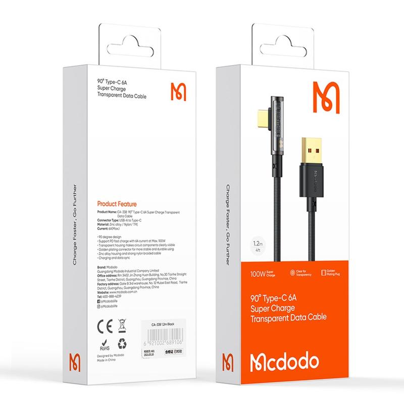 MCDODO CA-3380 MDD 1.2m USB-A to Type-C 90-Degree Elbow Data Cable 6A ...