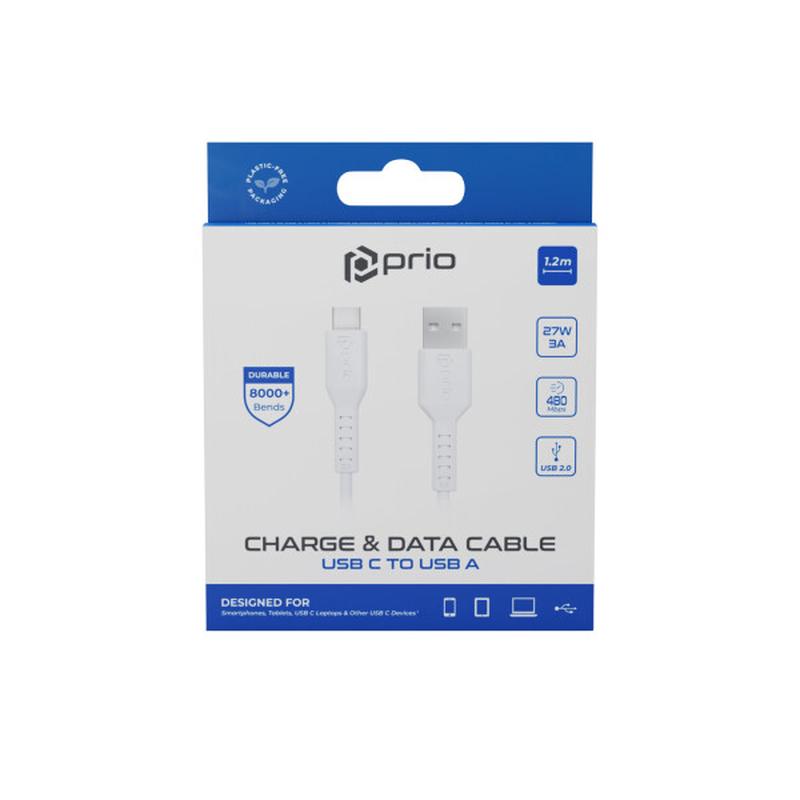 Prio High-Speed USB-A / USB-C Cable - 3A, 1.2m - White