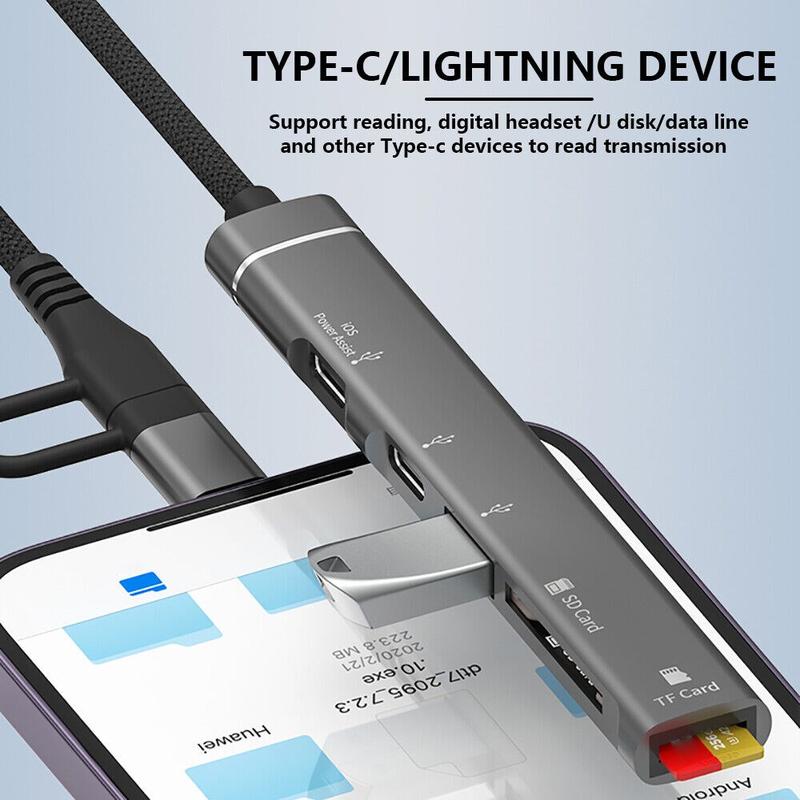 SVT02 For iPhone+Type-C Hub Adapter to 2 Type-C Ports+USB+2 Card Reader ...