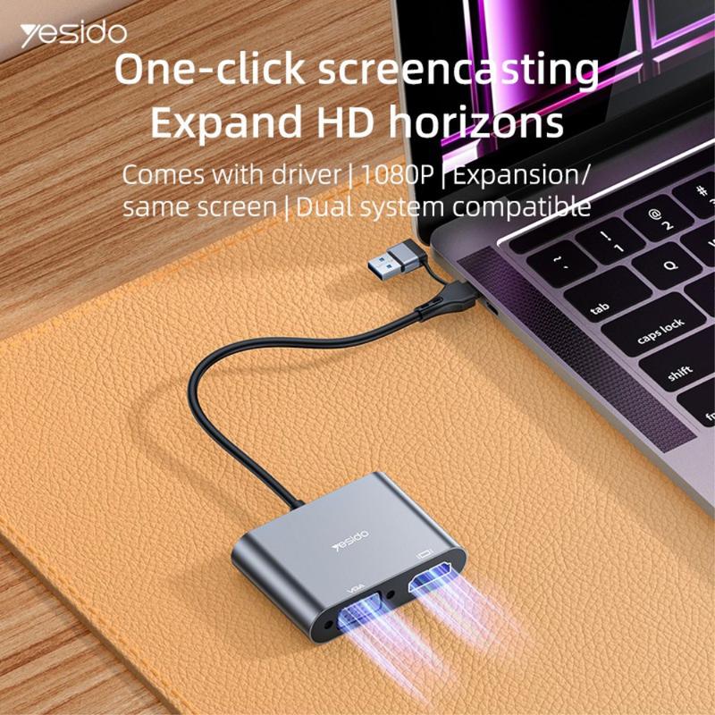 YESIDO HM15 USB / Type-C to VGA + HD Adapter HDTV Dual Monitors ...