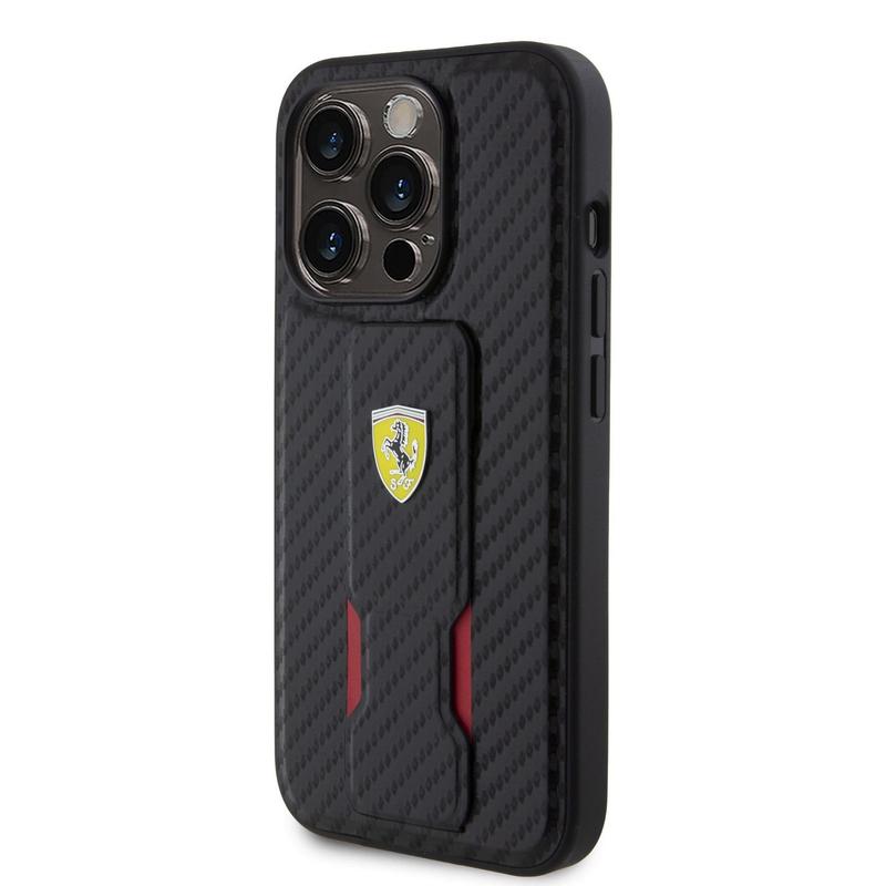 iPhone 15 Pro Max Ferrari Carbon Grip Stand Case - Black
